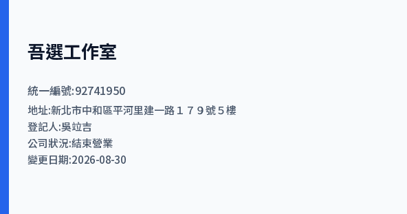 吾選工作室的照片-統編 92741950(新北市) 公司登記資料與營業項目詳細圖表