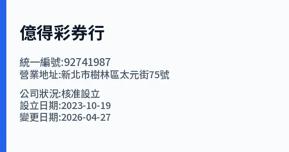 億得彩券行的照片-統編 92741987(新北市) 公司登記資料與營業項目詳細圖表