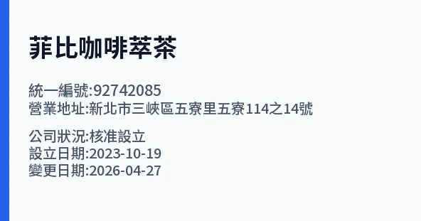 菲比咖啡萃茶的照片-統編 92742085(新北市) 公司登記資料與營業項目詳細圖表