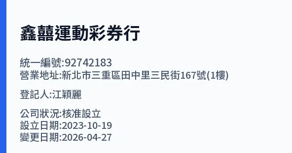 鑫囍運動彩券行的照片-統編 92742183(新北市) 公司登記資料與營業項目詳細圖表