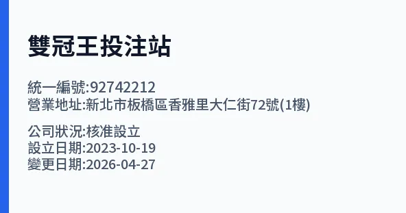 雙冠王投注站的照片-統編 92742212(新北市) 公司登記資料與營業項目詳細圖表