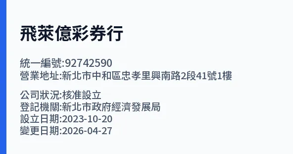 飛萊億彩券行的照片-統編 92742590(新北市) 公司登記資料與營業項目詳細圖表