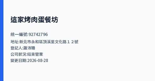 這家烤肉蛋餐坊的照片-統編 92742796(新北市) 公司登記資料與營業項目詳細圖表