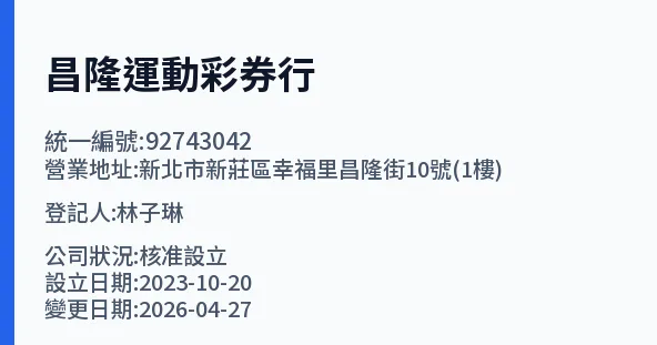 昌隆運動彩券行的照片-統編 92743042(新北市) 公司登記資料與營業項目詳細圖表