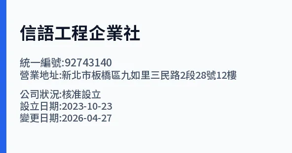 信語工程企業社的照片-統編 92743140(新北市) 公司登記資料與營業項目詳細圖表