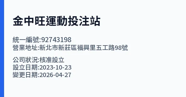金中旺運動投注站的照片-統編 92743198(新北市) 公司登記資料與營業項目詳細圖表
