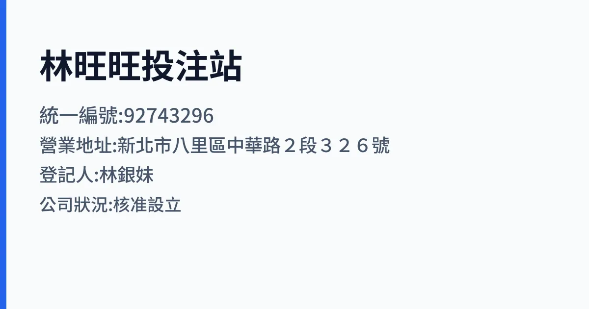 林旺旺投注站 - 統編 92743296(新北市) 公司登記資料與營業項目詳細圖表