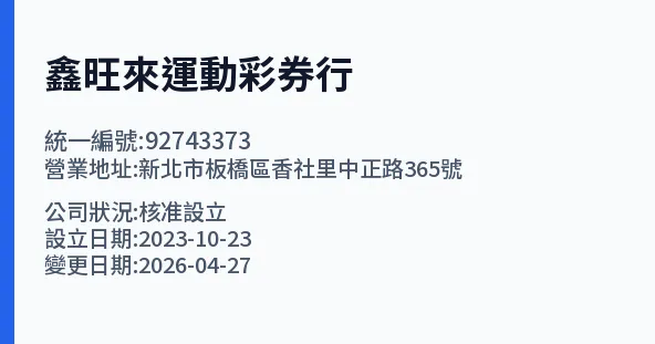 鑫旺來運動彩券行的照片-統編 92743373(新北市) 公司登記資料與營業項目詳細圖表