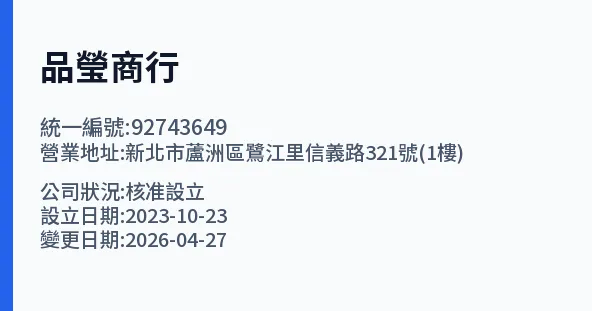 品瑩商行的照片-統編 92743649(新北市) 公司登記資料與營業項目詳細圖表