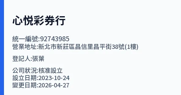 心悦彩券行的照片-統編 92743985(新北市) 公司登記資料與營業項目詳細圖表