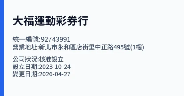 大福運動彩券行的照片-統編 92743991(新北市) 公司登記資料與營業項目詳細圖表