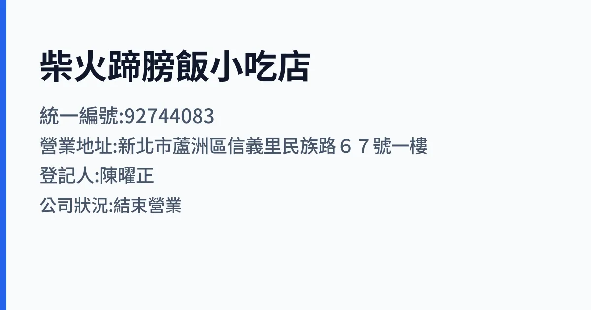 柴火蹄膀飯小吃店 - 統編 92744083(新北市) 公司登記資料與營業項目詳細圖表