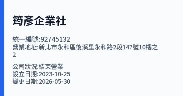 筠彥企業社的照片-統編 92745132(新北市) 公司登記資料與營業項目詳細圖表