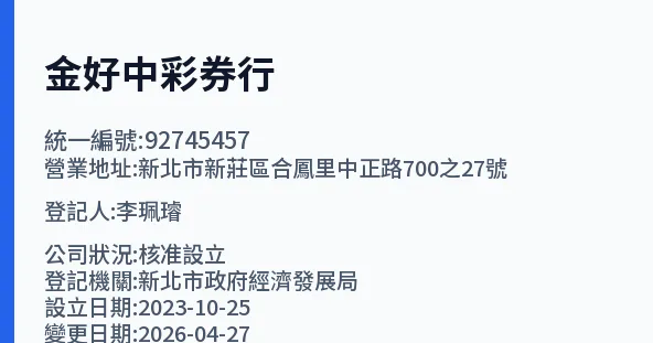 金好中彩券行的照片-統編 92745457(新北市) 公司登記資料與營業項目詳細圖表
