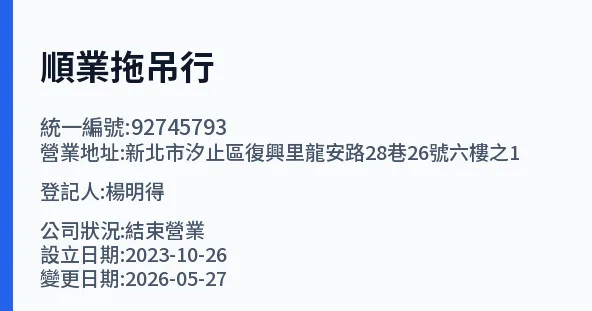 順業拖吊行的照片-統編 92745793(新北市) 公司登記資料與營業項目詳細圖表