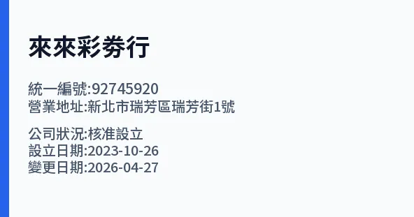 來來彩劵行的照片-統編 92745920(新北市) 公司登記資料與營業項目詳細圖表