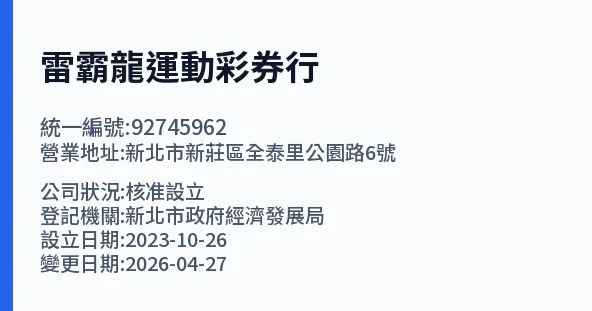 雷霸龍運動彩券行的照片-統編 92745962(新北市) 公司登記資料與營業項目詳細圖表