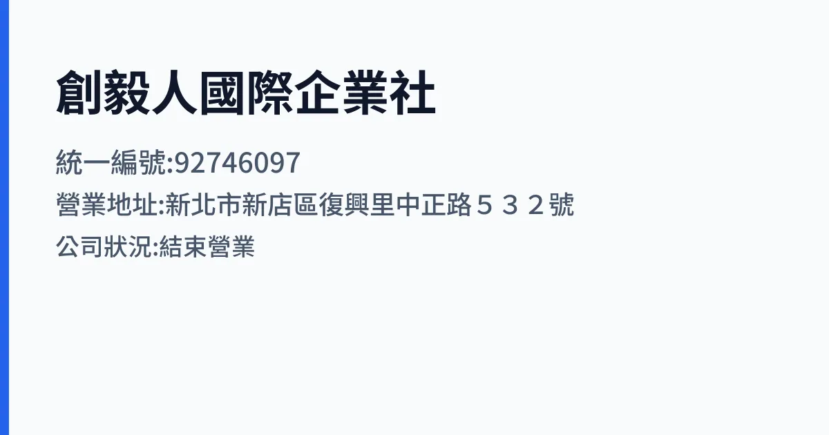 創毅人國際企業社 - 統編 92746097(新北市) 公司登記資料與營業項目詳細圖表