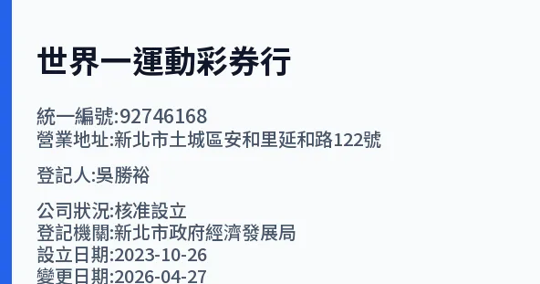 世界一運動彩券行的照片-統編 92746168(新北市) 公司登記資料與營業項目詳細圖表