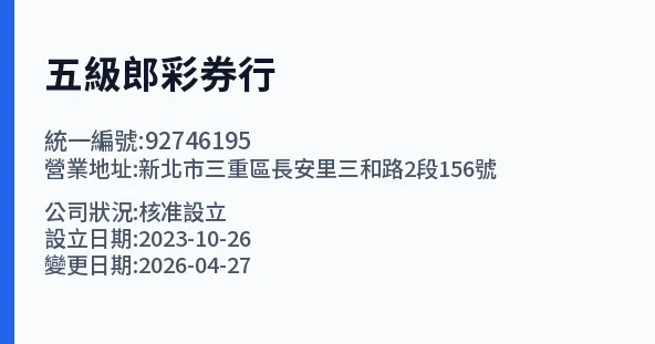 五級郎彩券行的照片-統編 92746195(新北市) 公司登記資料與營業項目詳細圖表