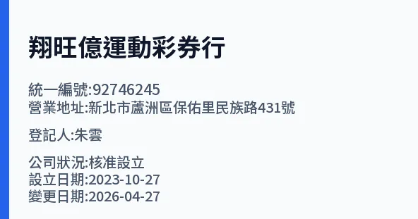 翔旺億運動彩券行的照片-統編 92746245(新北市) 公司登記資料與營業項目詳細圖表