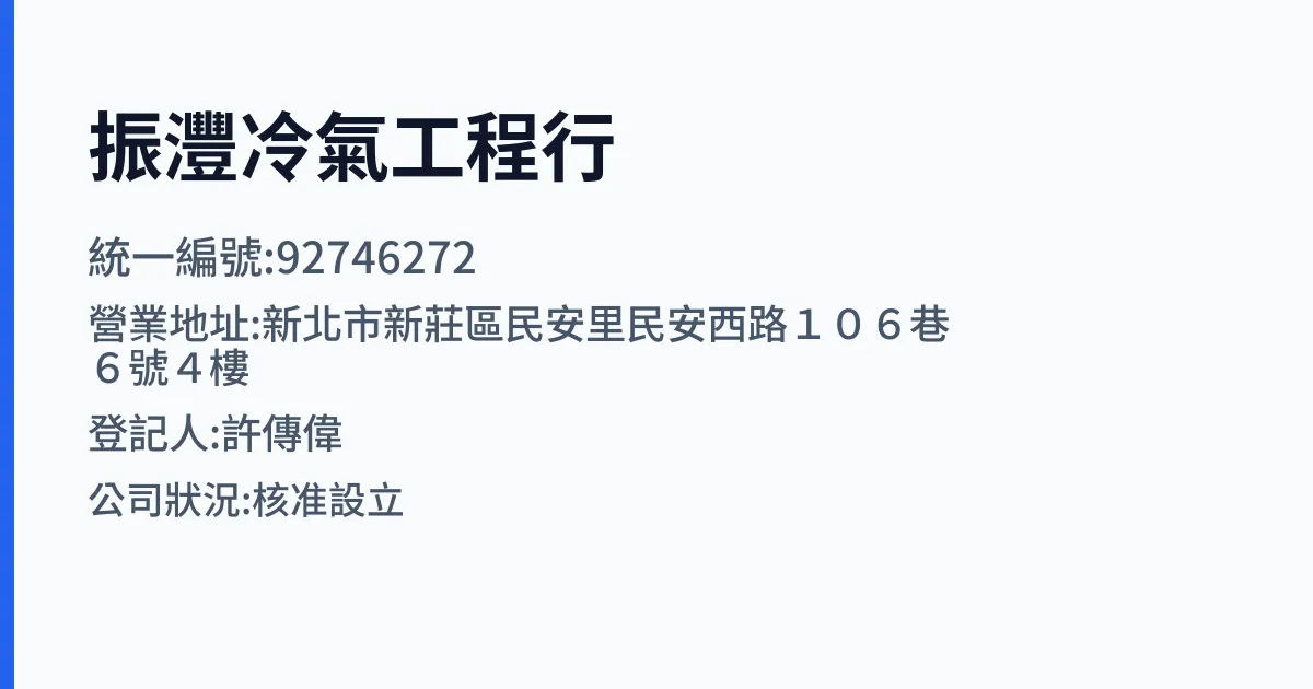 振灃冷氣工程行 - 統編 92746272(新北市) 公司登記資料與營業項目詳細圖表