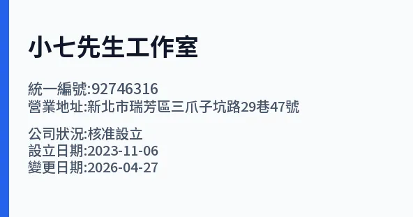 小七先生工作室的照片-統編 92746316(新北市) 公司登記資料與營業項目詳細圖表