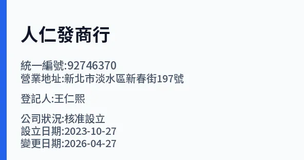 人仁發商行的照片-統編 92746370(新北市) 公司登記資料與營業項目詳細圖表