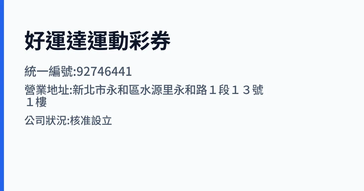 好運達運動彩券 - 統編 92746441(新北市) 公司登記資料與營業項目詳細圖表
