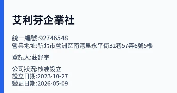 艾利芬企業社的照片-統編 92746548(新北市) 公司登記資料與營業項目詳細圖表