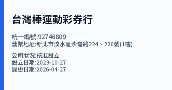 台灣棒運動彩券行的照片-統編 92746809(新北市) 公司登記資料與營業項目詳細圖表