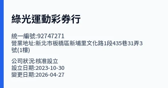 綠光運動彩券行的照片-統編 92747271(新北市) 公司登記資料與營業項目詳細圖表