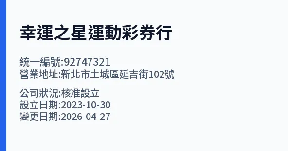 幸運之星運動彩券行的照片-統編 92747321(新北市) 公司登記資料與營業項目詳細圖表