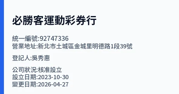 必勝客運動彩券行的照片-統編 92747336(新北市) 公司登記資料與營業項目詳細圖表