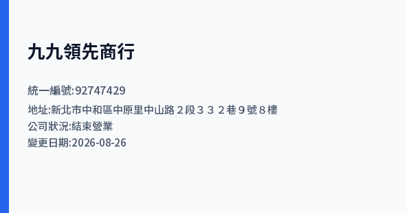 九九領先商行的照片-統編 92747429(新北市) 公司登記資料與營業項目詳細圖表