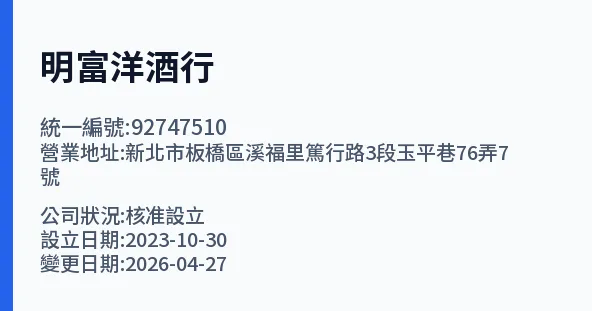 明富洋酒行的照片-統編 92747510(新北市) 公司登記資料與營業項目詳細圖表