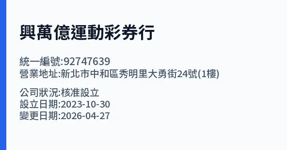 興萬億運動彩券行的照片-統編 92747639(新北市) 公司登記資料與營業項目詳細圖表