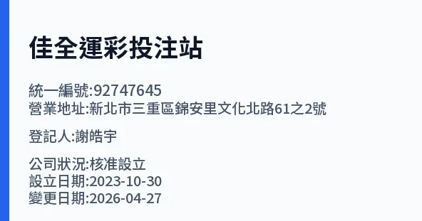 佳全運彩投注站的照片-統編 92747645(新北市) 公司登記資料與營業項目詳細圖表