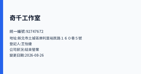 奇千工作室的照片-統編 92747672(新北市) 公司登記資料與營業項目詳細圖表