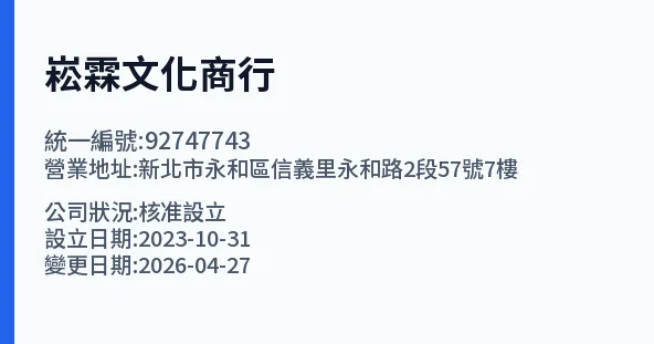 崧霖文化商行的照片-統編 92747743(新北市) 公司登記資料與營業項目詳細圖表