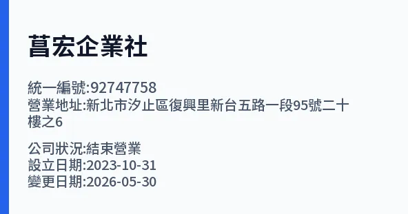 菖宏企業社的照片-統編 92747758(新北市) 公司登記資料與營業項目詳細圖表