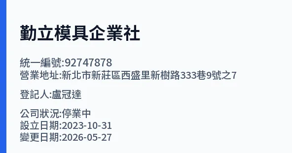 勤立模具企業社的照片-統編 92747878(新北市) 公司登記資料與營業項目詳細圖表