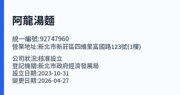 阿龍湯麵的照片-統編 92747960(新北市) 公司登記資料與營業項目詳細圖表