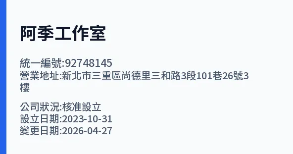 阿季工作室的照片-統編 92748145(新北市) 公司登記資料與營業項目詳細圖表