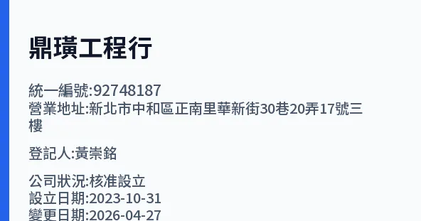 鼎璜工程行的照片-統編 92748187(新北市) 公司登記資料與營業項目詳細圖表