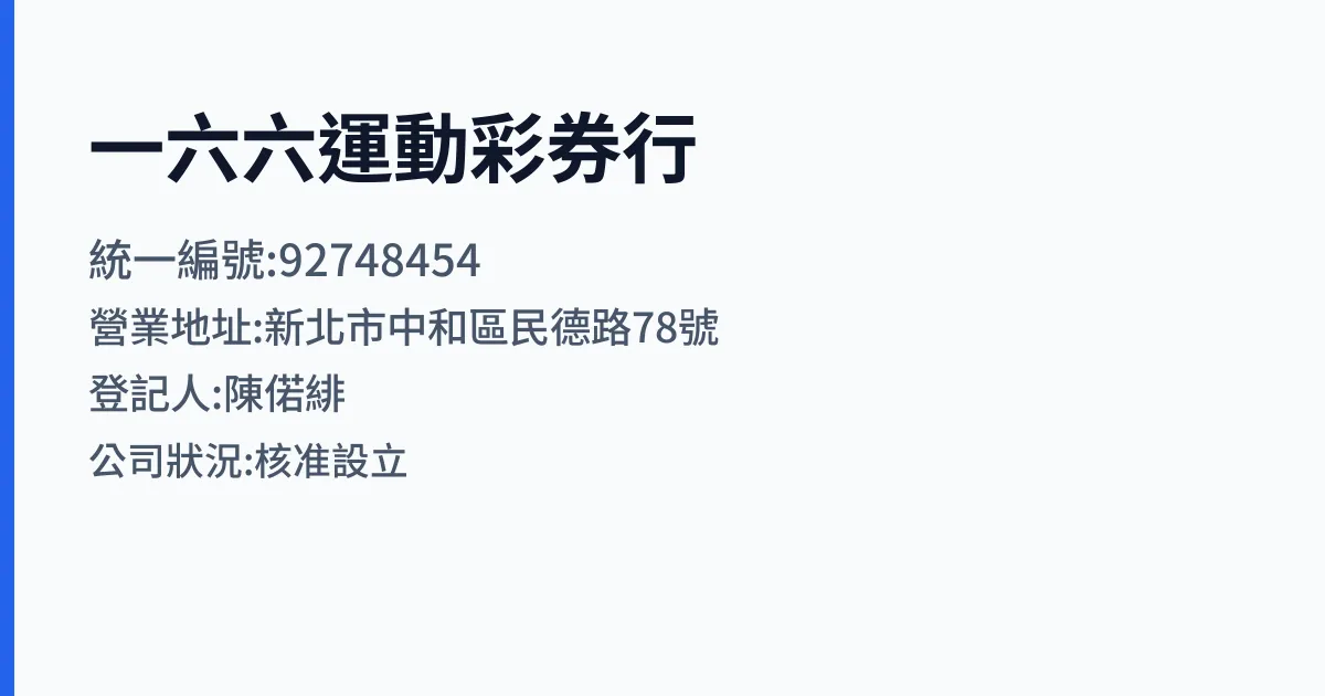 一六六運動彩券行 - 統編 92748454(新北市) 公司登記資料與營業項目詳細圖表
