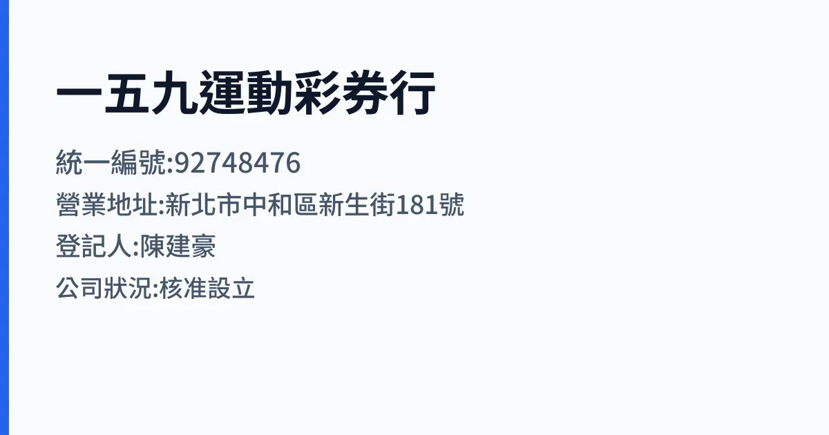 一五九運動彩券行 - 統編 92748476(新北市) 公司登記資料與營業項目詳細圖表