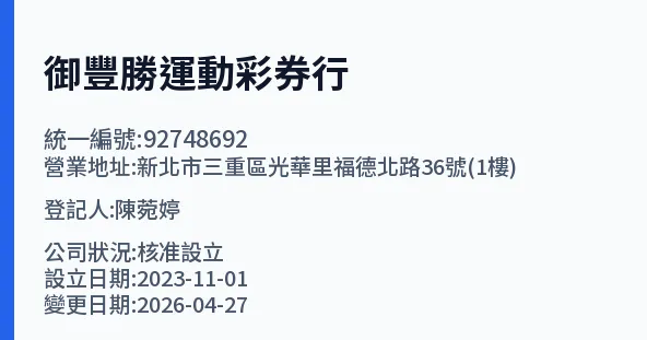 御豐勝運動彩券行的照片-統編 92748692(新北市) 公司登記資料與營業項目詳細圖表