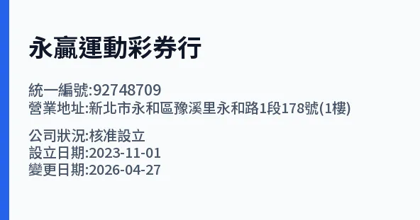 永贏運動彩券行的照片-統編 92748709(新北市) 公司登記資料與營業項目詳細圖表