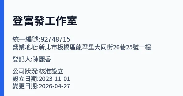 登富發工作室的照片-統編 92748715(新北市) 公司登記資料與營業項目詳細圖表